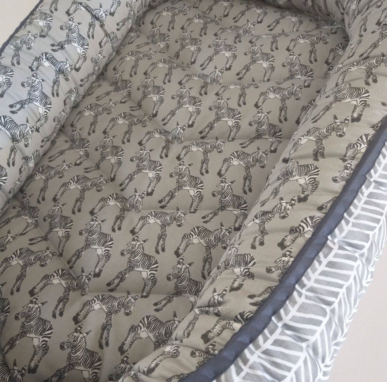 Grey Baby Zebra + Grey Herringbone (Grey Trim) Sleeping Pod – Baby Couture